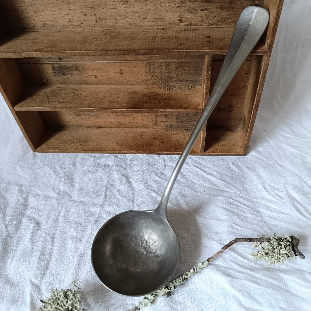 French Antique Metal Ladle, 1900s Pewter Nickel Ladle With Dented ...