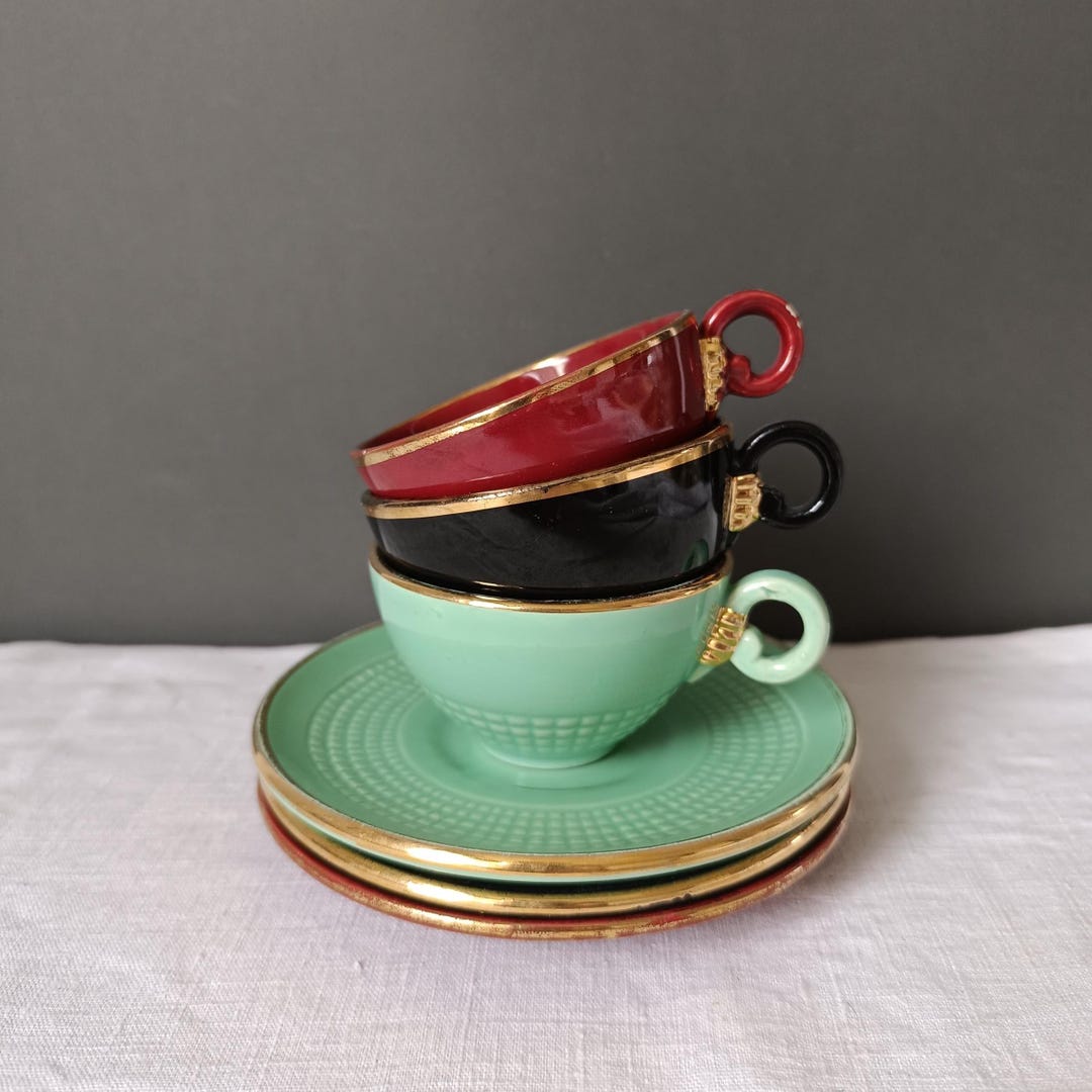1930s French Coffee Cups With Saucers Wit Gilded Rims, Vintage Green ...
