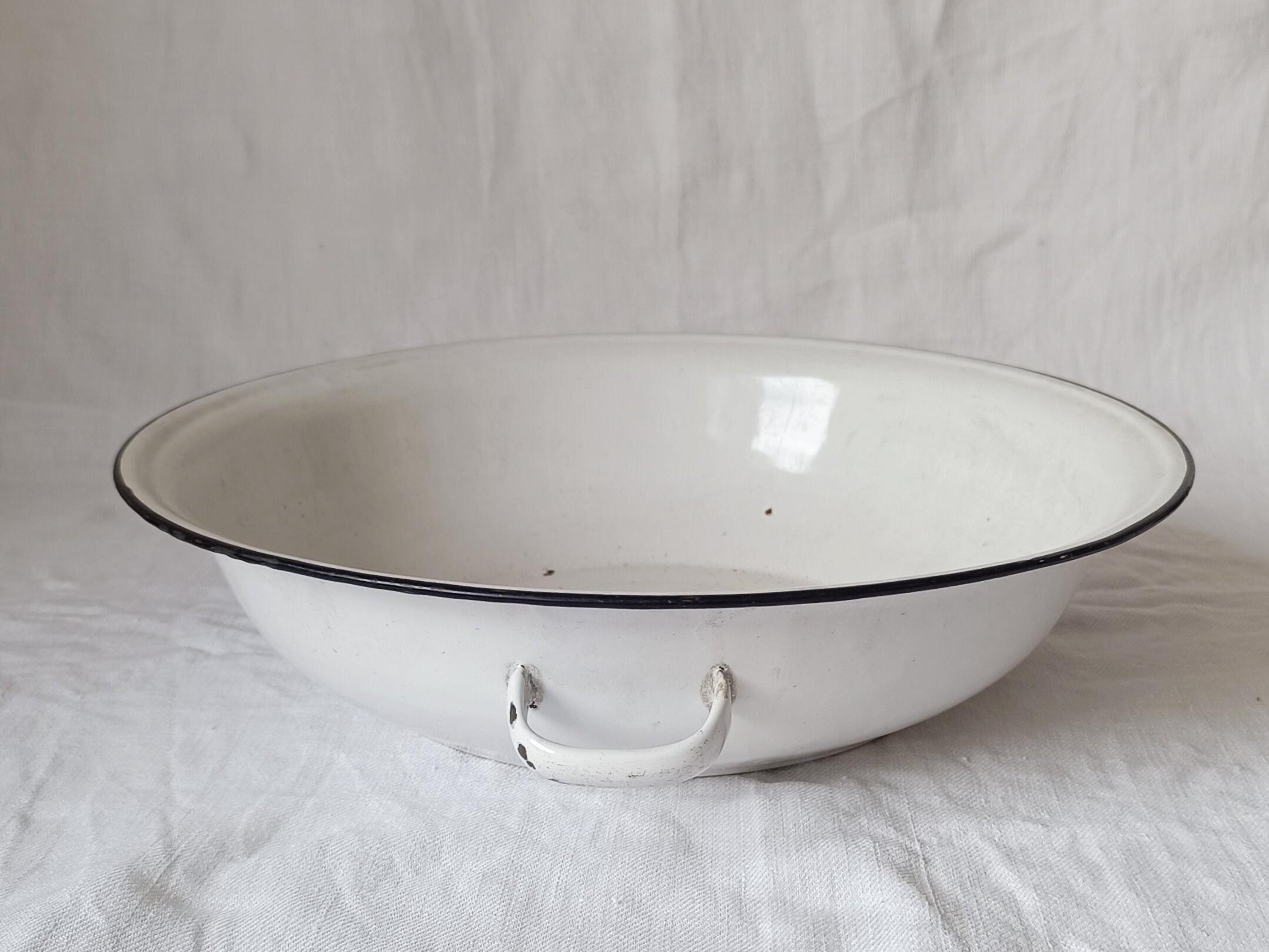 Vintage French Enamel Basin: White With Blue Rim, Farmhouse Decor - Etsy