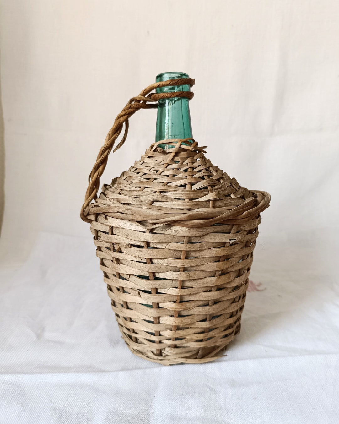 French Vintage Small Demijohn With Wiccker Wrap, 1930s Rustic Green ...