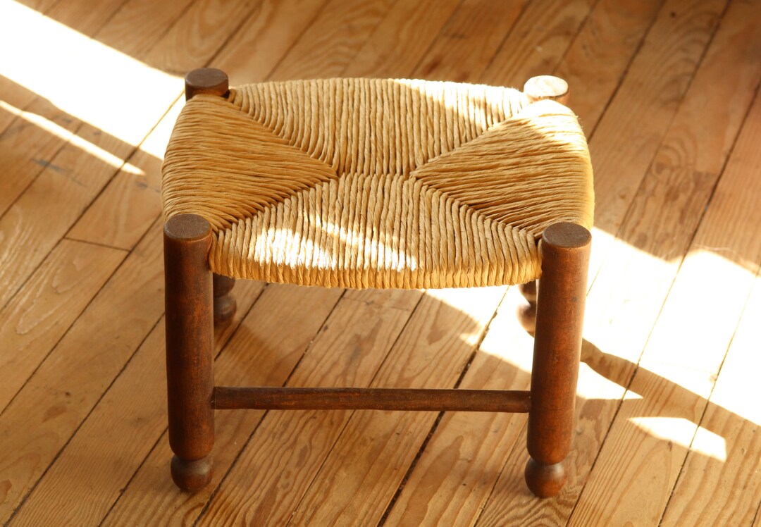 French Vintage Handcrafted Wooden Foot Stool With Paper String, Rustic ...