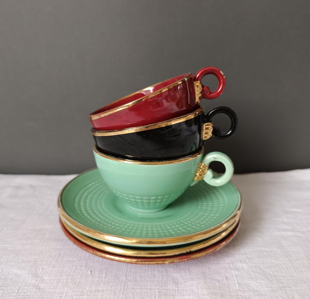 1930s French Coffee Cups With Saucers Wit Gilded Rims, Vintage Green ...