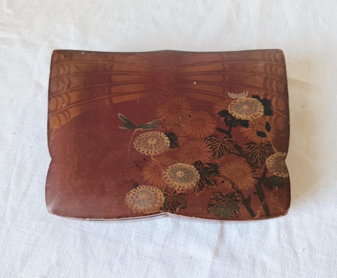 Vintage Japanese Style Dark Red Lacquered Box With Peony and Dragonfly ...