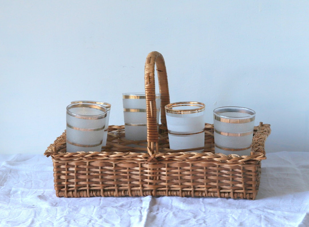 French Vintage Woven Wicker Basket With Dividers for 12 Glasses, 12 ...