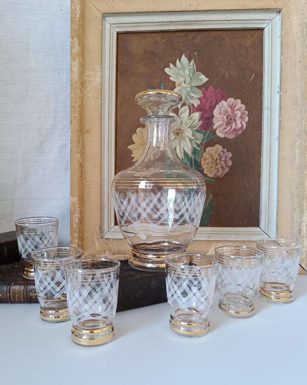 Antique French Art Deco Sherry Set: Lattice Glass Decanter & Shot ...