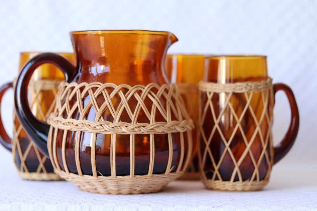 Vintage Brown Glass Lemonade Set With Wicker Lattice, 1960s French ...