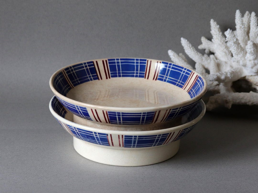 Antique Badonviller Fruit Bowl: French Earthenware Cake Stand, Blue Red ...