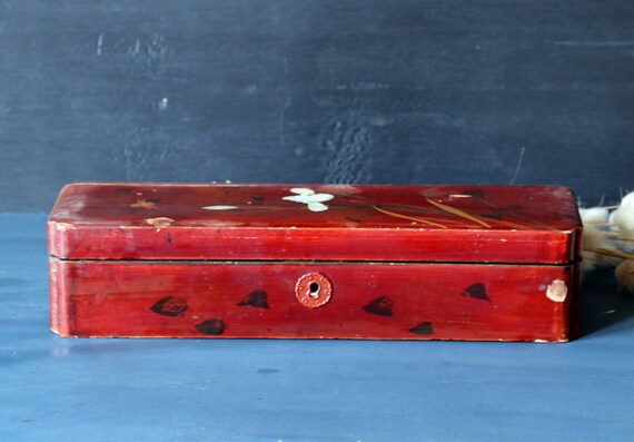 Vintage Japanese Style Dark Red Lacquered Box With Floral - Etsy