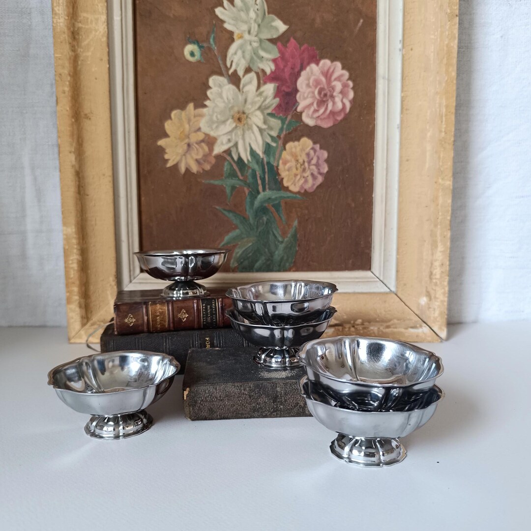 6 Small Vintage Ice Cream Metal Cups, 1960s Scalloped Stainless Steel ...