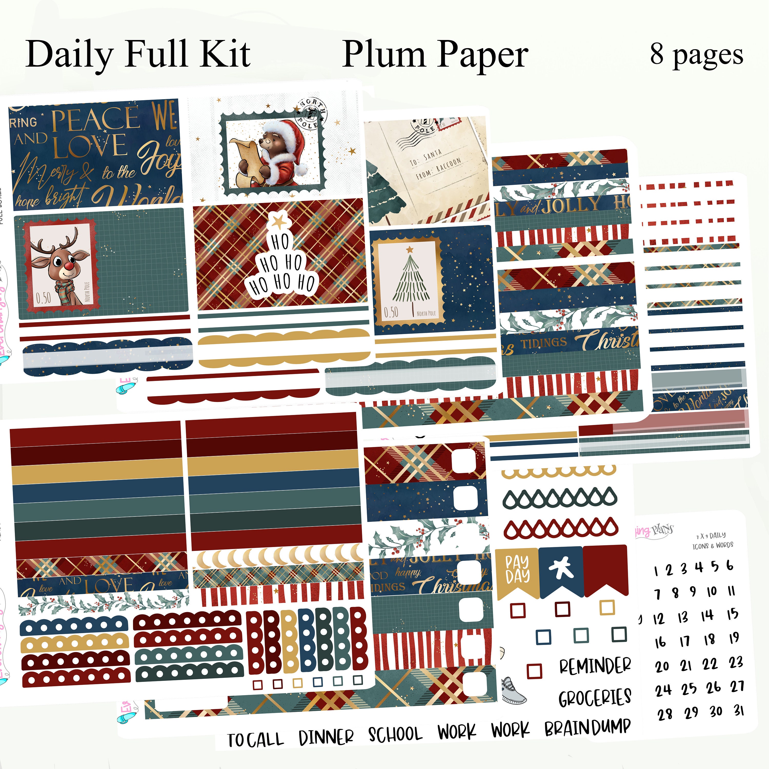 Santa Christmas Daily Plum Paper Kit - Winter Daily Weekly Planner Kit ...