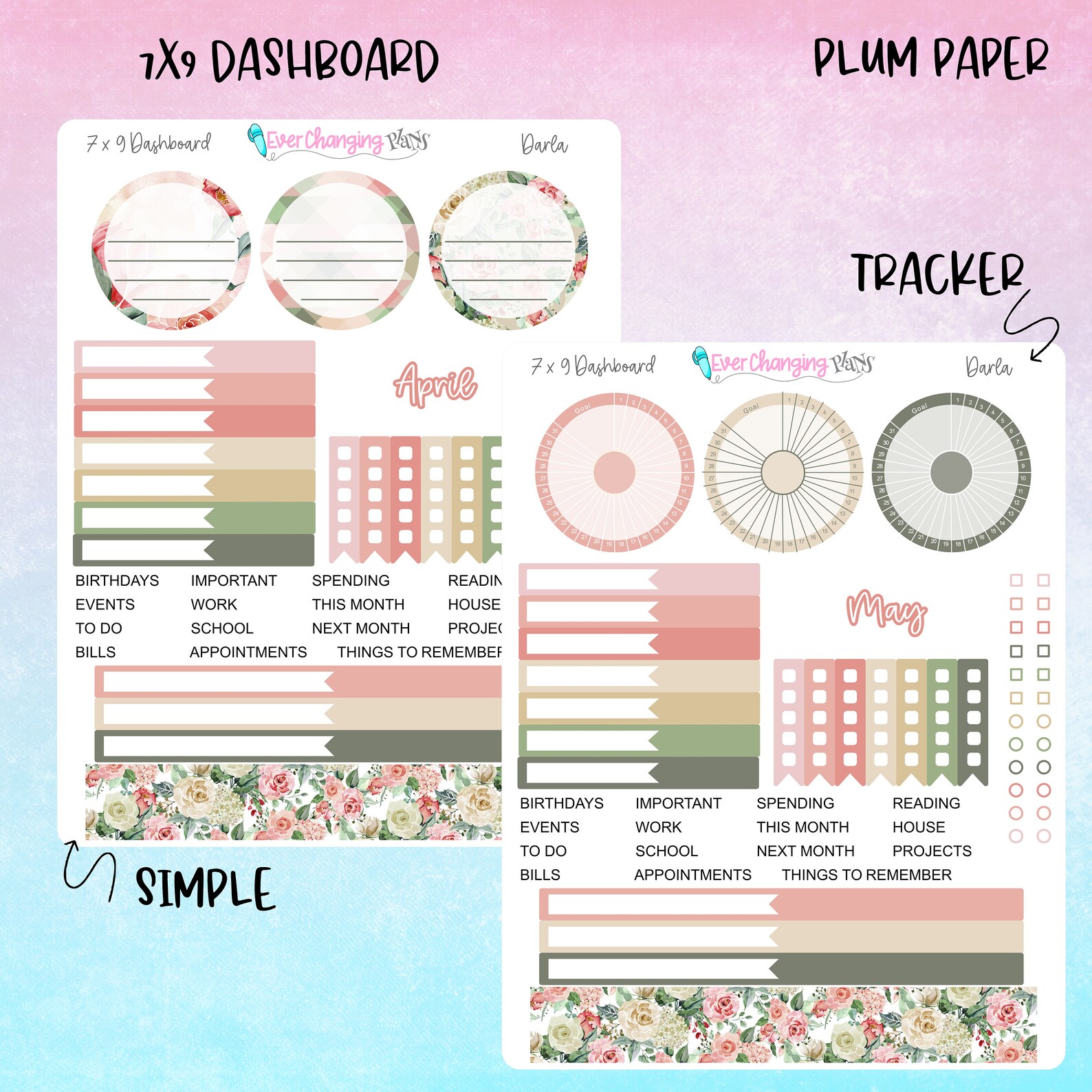 Darla Plum Paper Monthly and Dashboard Kits Spring Floral March April ...