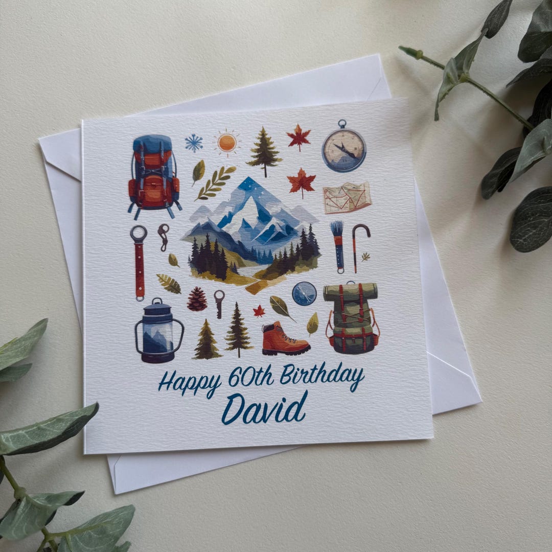 Personalized Hiking Birthday Card, Outdoors Adventure, Watercolor ...