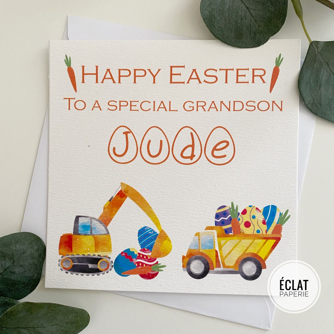 Personalised Digger and Dump Truck Boys Easter Card With Eggs, Carrots ...