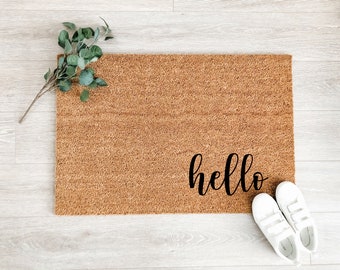 Hello Cursive Script Door Mat, Hello Door Mat, Front Porch Patio Decor ...