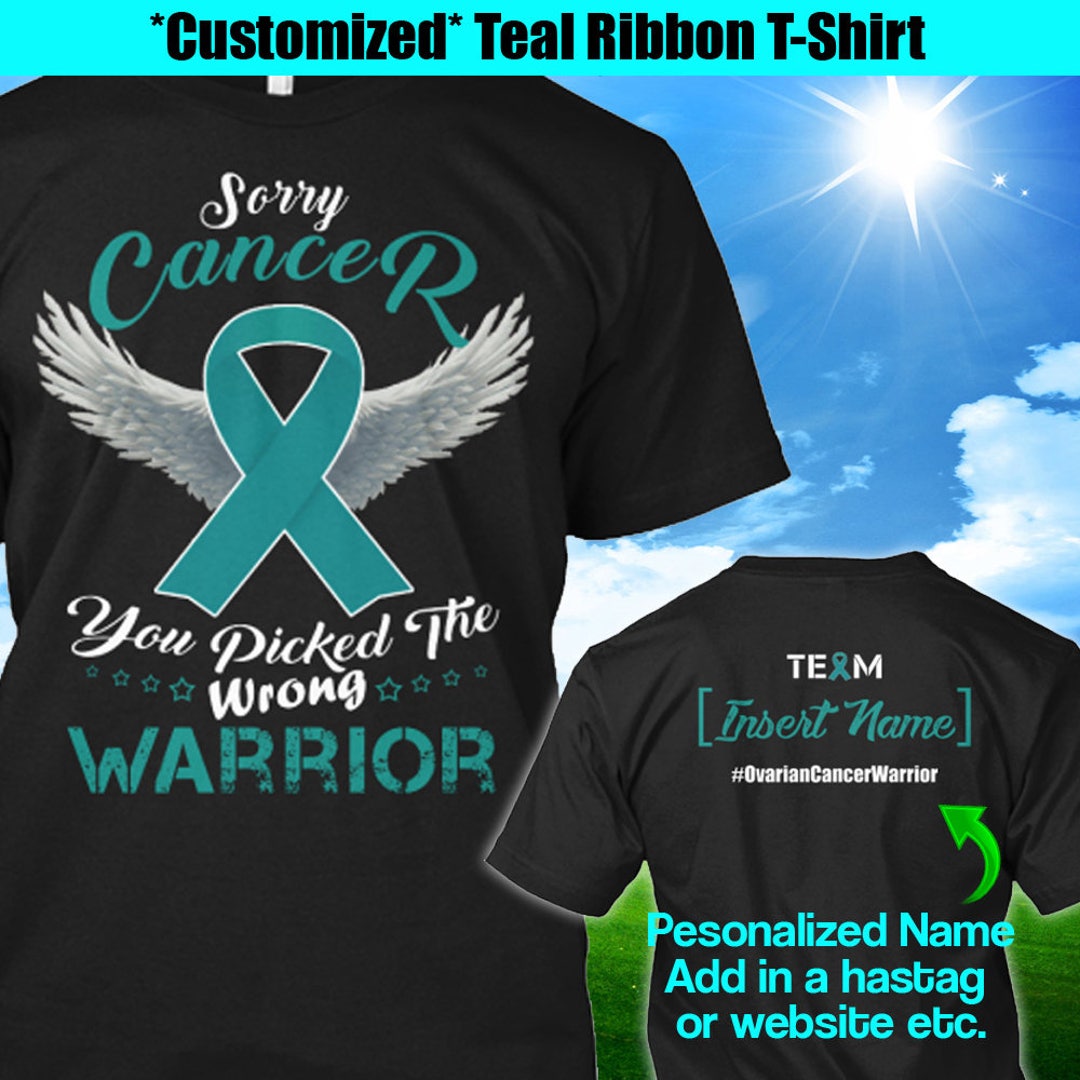 Personalized Ovarian Vulvar Cancer Awareness Tshirt Teal Ribbon Warrior ...
