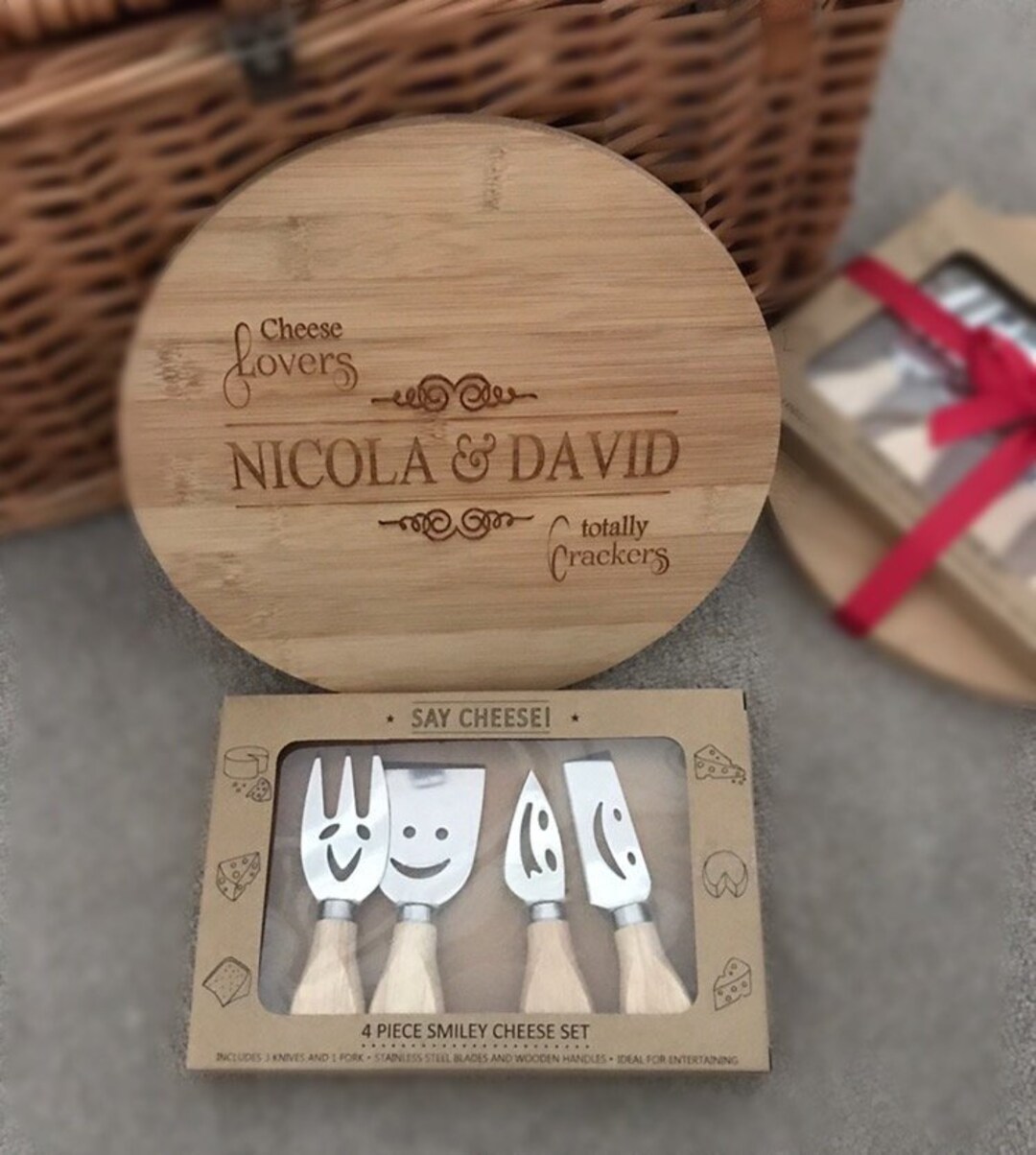 BAMBOO CHEESE BOARD and 4 Piece Smiley Cheese Set. Laser Engraved ...