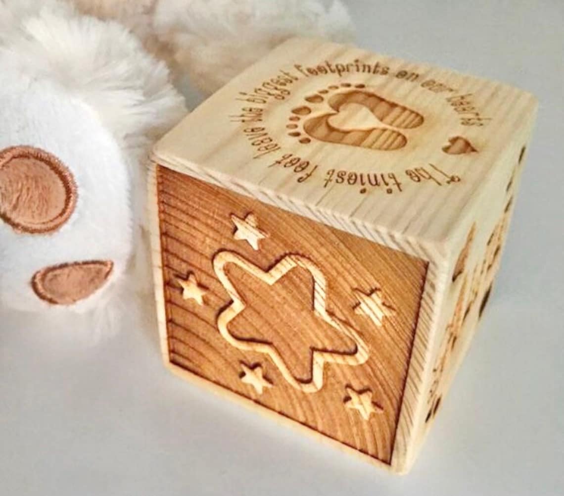 Personalised Laser Engraved WOODEN BABY BLOCK. Gift for New Baby, 1st ...