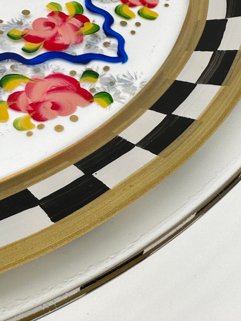 Mackenzie-childs Painted Glass Floral and Checkered Serving - Etsy