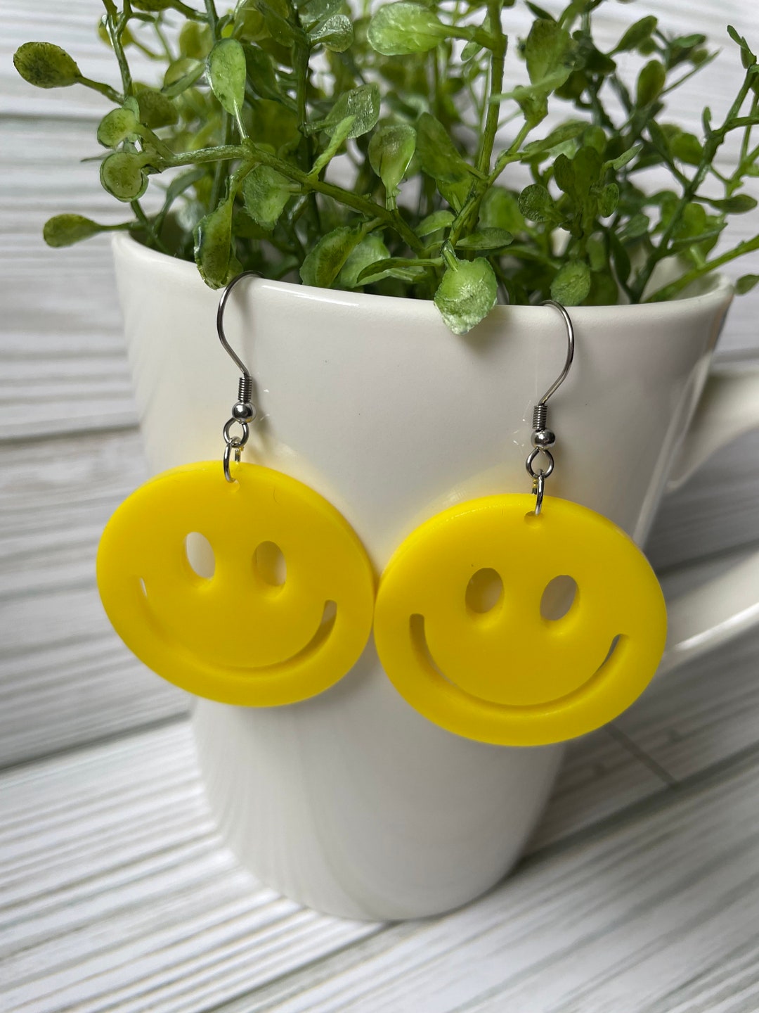 Bright Yellow Laser Cut Smiley Faces Dangle Earrings - Etsy