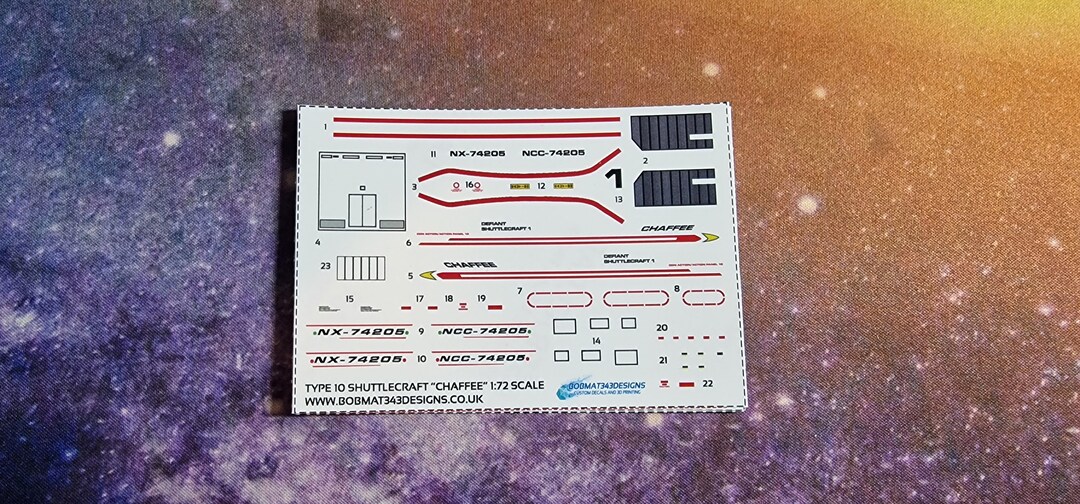 Waterslide Decals for 1:72 Scale TYPE 10 SHUTTLECRAFT CHAFFEE - Custom ...