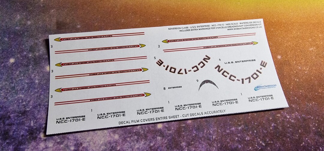 Waterslide Decals for 1:1400 Scale SOVEREIGN CLASS Enterprise 1701-E ...