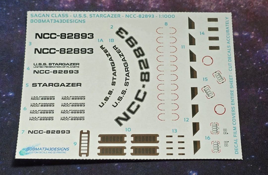 Waterslide Decals for 1:1000 Scale SAGAN CLASS U.S.S. STARGAZER ...