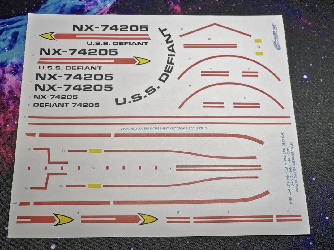 Waterslide Decals for 1:350 Scale Defiant Class U.S.S. DEFIANT NX-74205 - Custom Registries ...