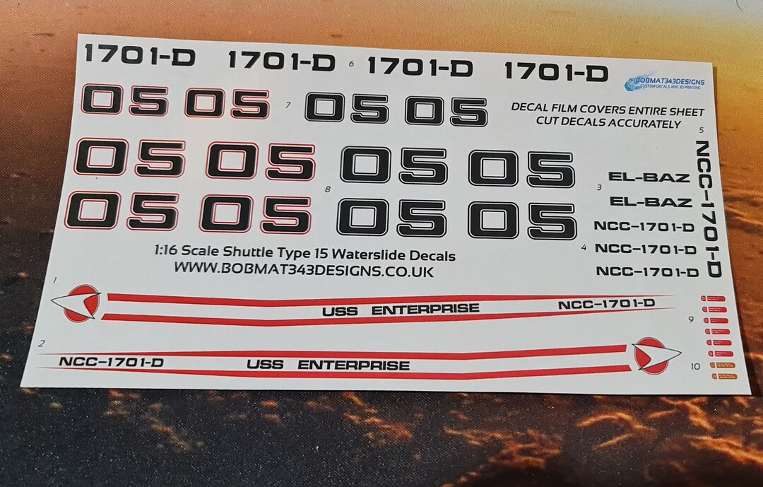 Waterslide Decals for 1:16 Scale TNG Type 15 Shuttlepod EL-BAZ - Custom ...