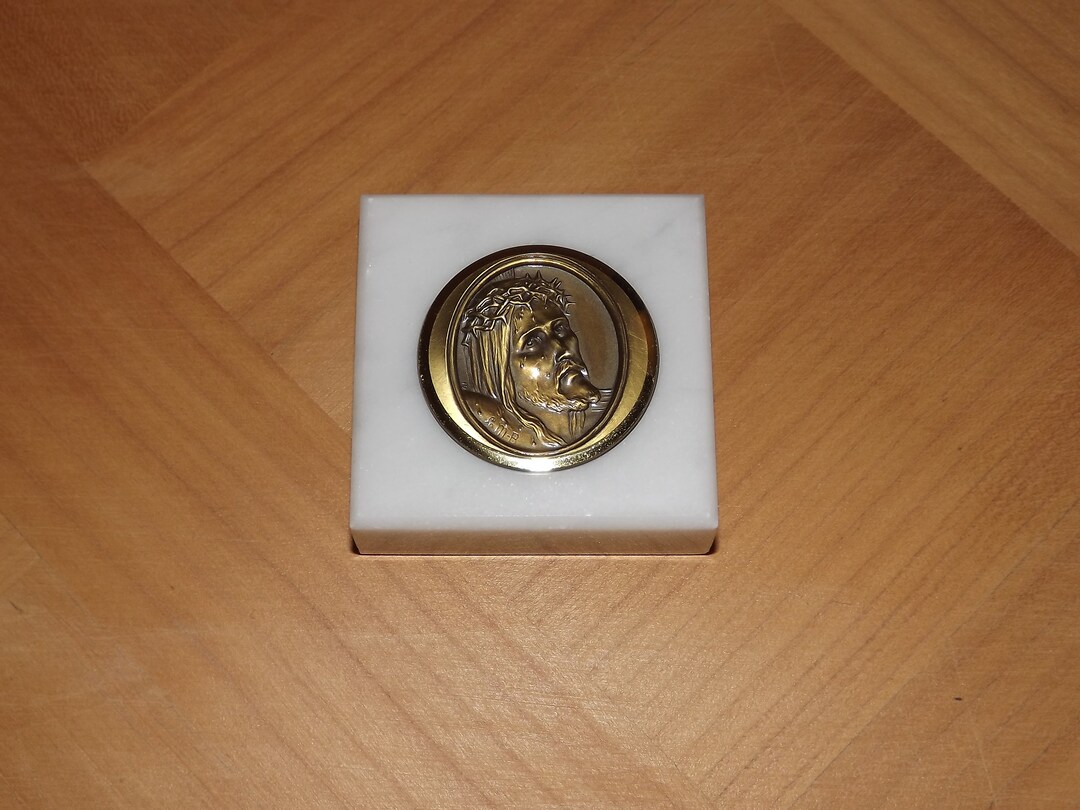 Vintage French Paperweight Jesus Christ - White Marble Signed Medal ...