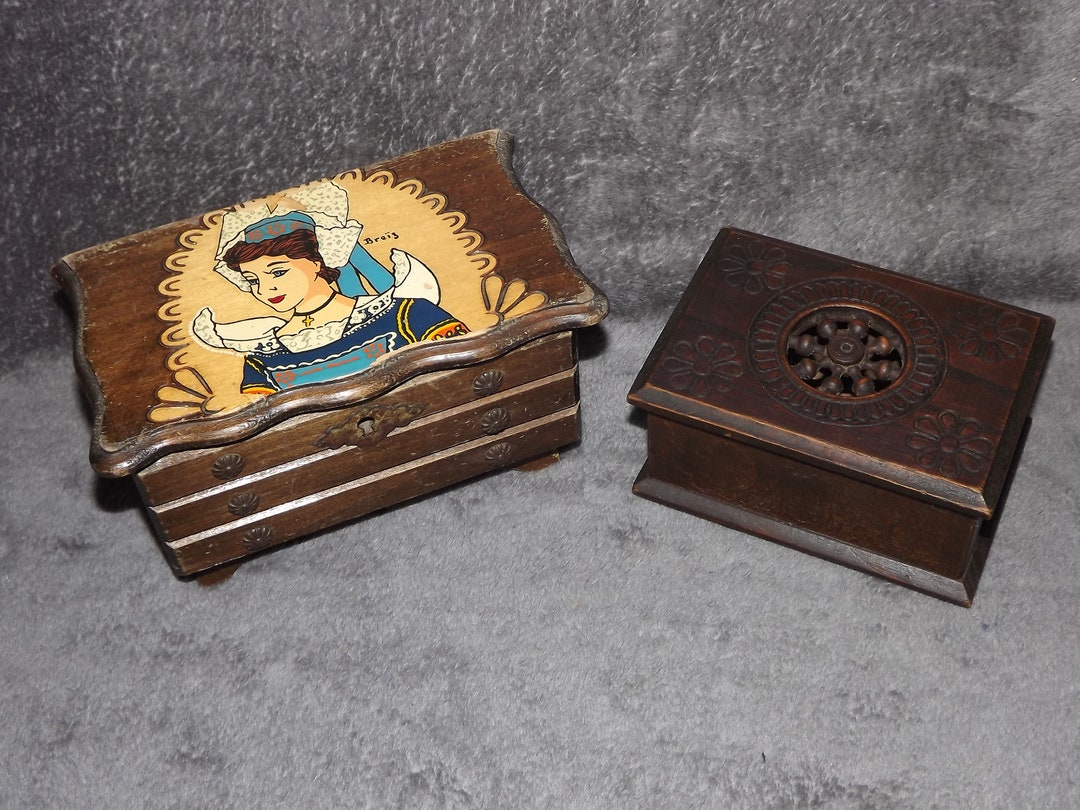 Vintage Set of 2 French Wooden Boxes - Brittany Breïz Bigoudene Jewelry ...