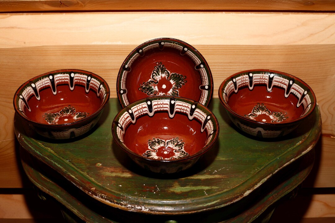 Set of 4 Vintage Bulgarian Bowls - Bulgarian Troyan Pottery - Bulgarian ...