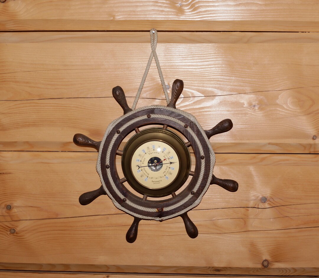 Vintage French Marine Barometer 18" - Boat's Helm Wood and Copper ...