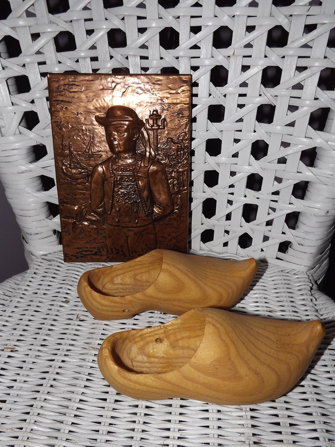 Vintage Set of Copper Wall Plaque and Wooden Clogs From North West ...