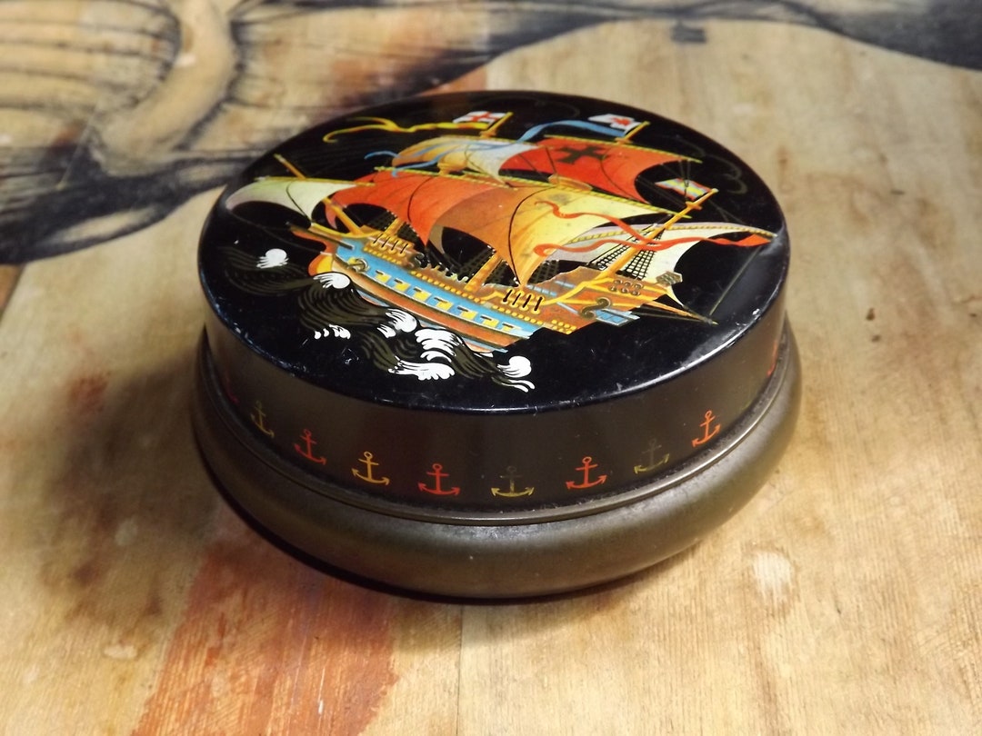 Vintage Metal Box With Ship - Round Box With English Royal Navy Ship ...