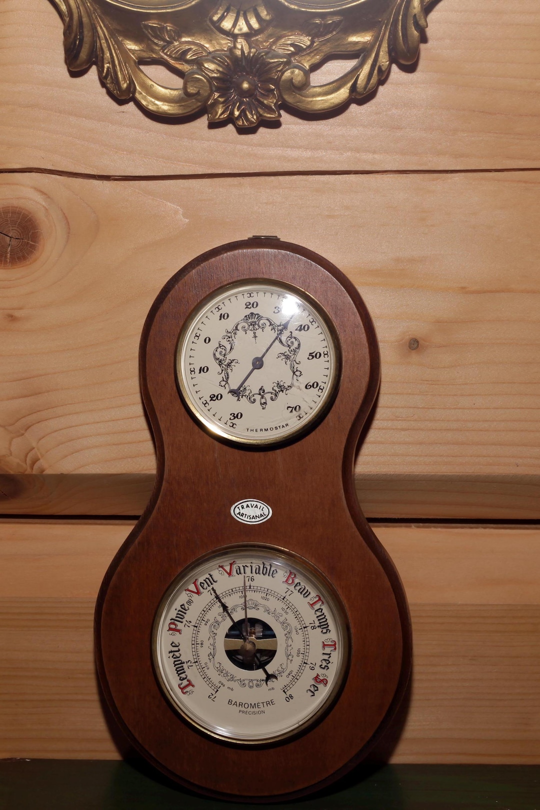 Vintage French Barometer and Thermometer - Wooden Plaque Wall Barometer ...