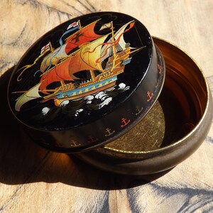 Vintage Metal Box With Ship - Round Box With English Royal Navy Ship ...