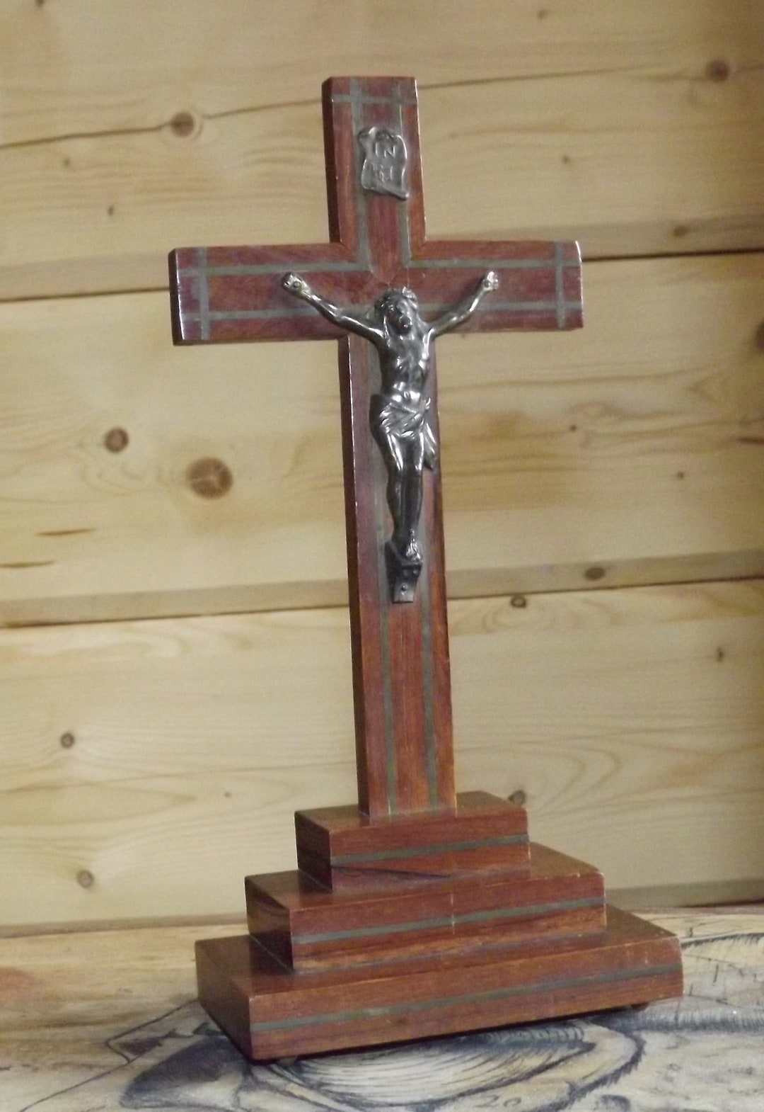 French Wooden Standing Crucifix With Brass Inlays - Vintage French ...