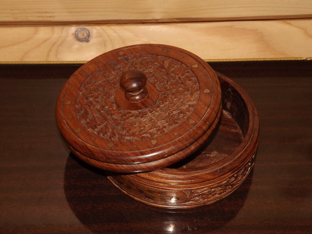 Vintage Round Wooden Box - Carved Wood Box With Brass Inlays - Jewelry ...
