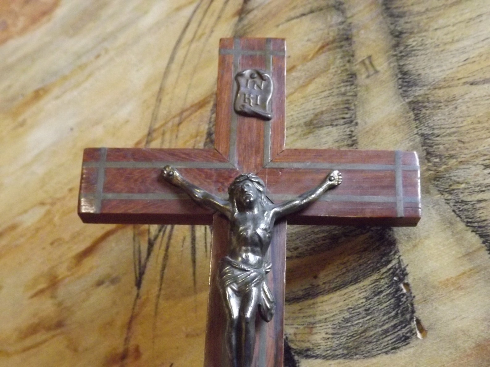 French Wooden Standing Crucifix with Brass Inlays Vintage | Etsy