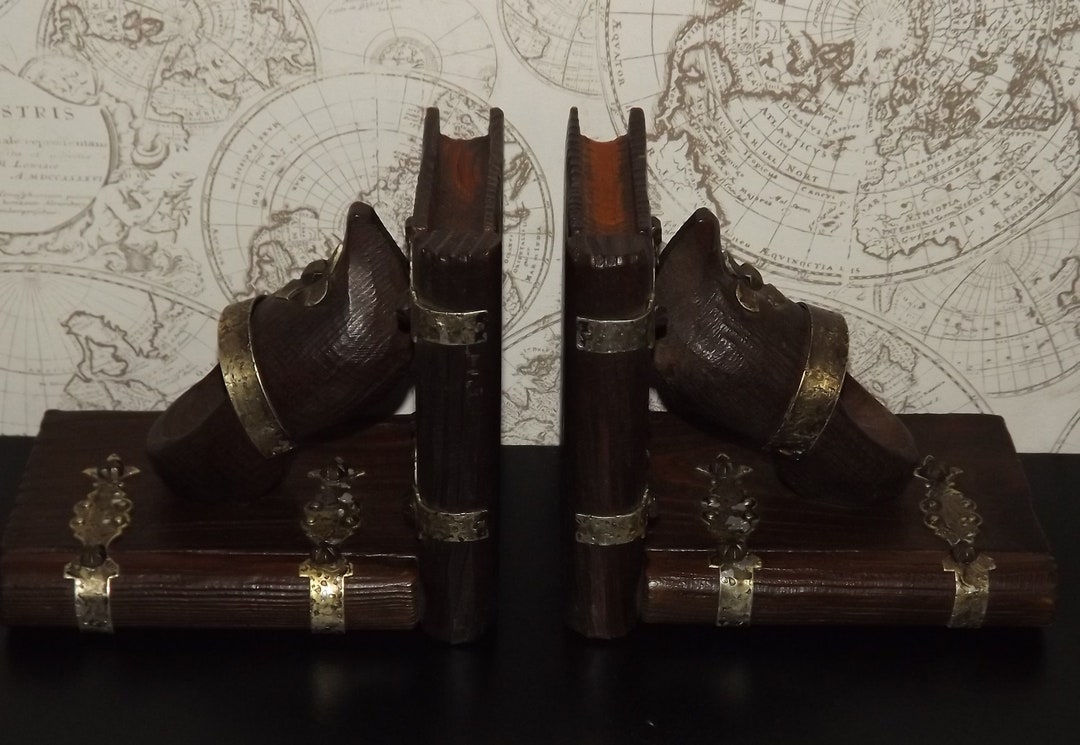 Vintage French Pair of Bookends - Wooden Bookends With Metal Decor ...