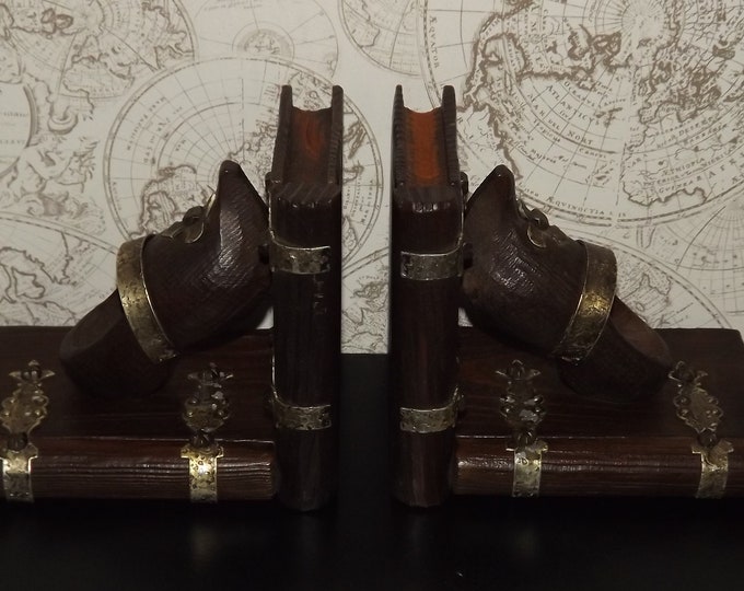Vintage French Pair of Bookends - Wooden Bookends With Metal Decor ...