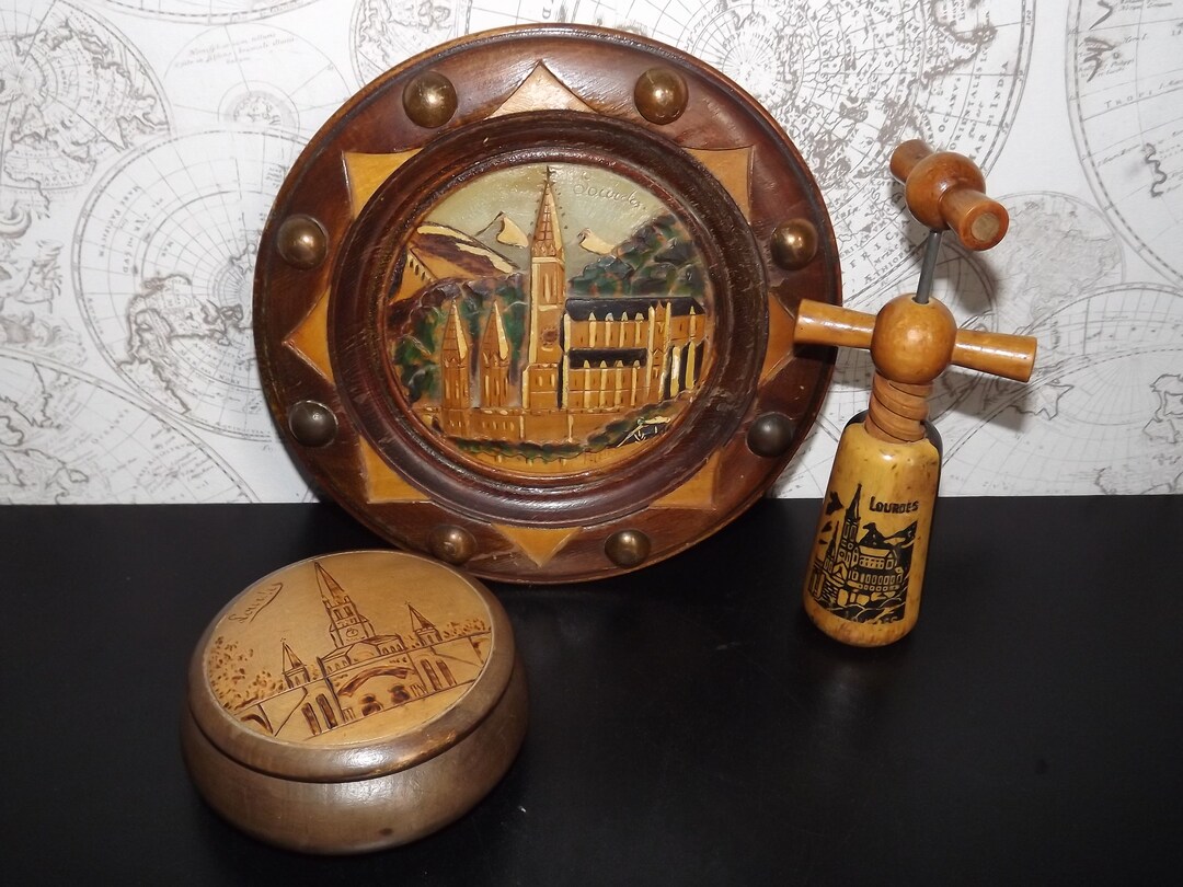 Vintage French Set of Wooden Lourdes Souvenirs - Decorative Plate ...
