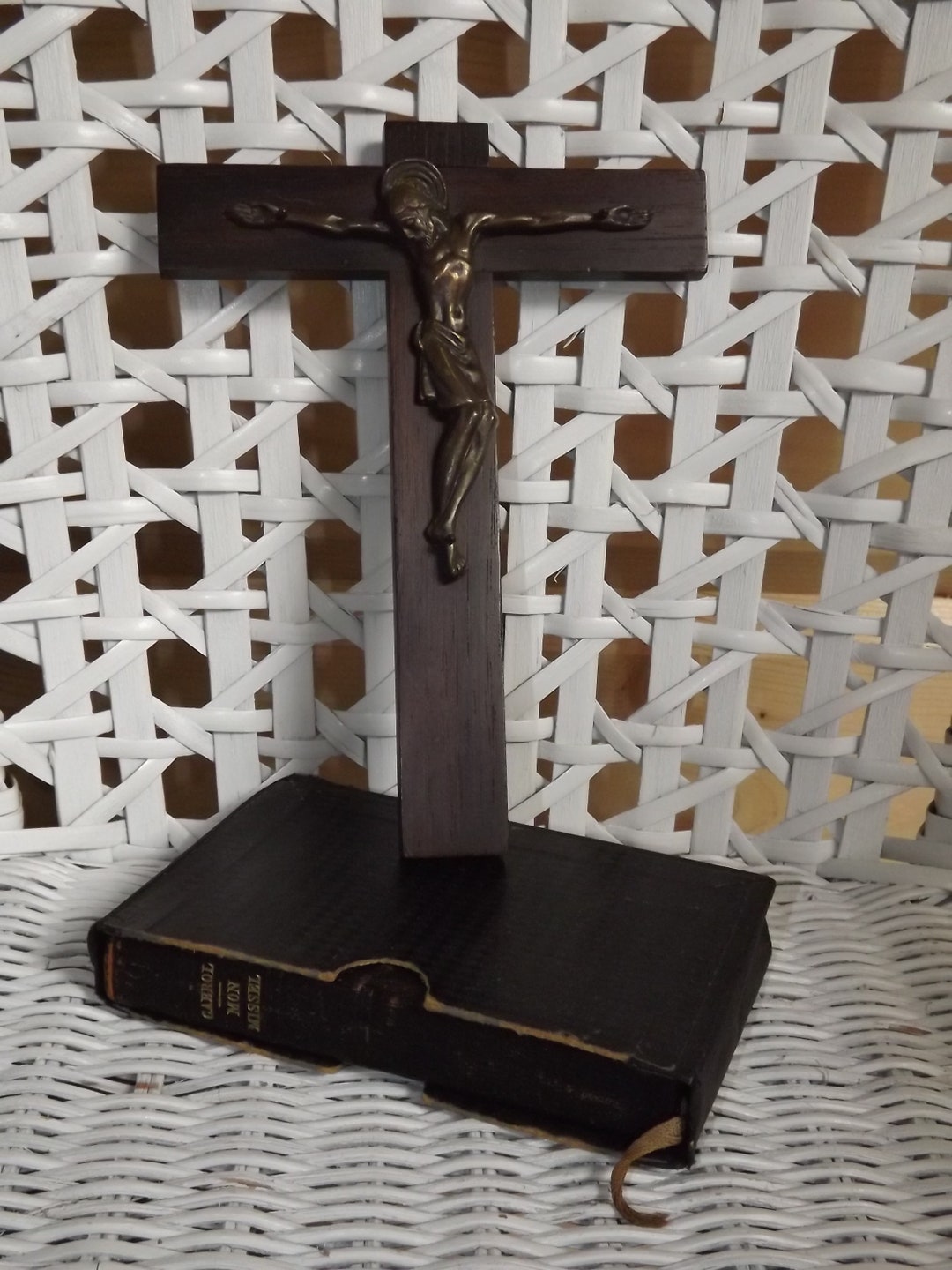 French Christian Set Bronze Jesus Wooden Crucifix - French Latin Missal ...