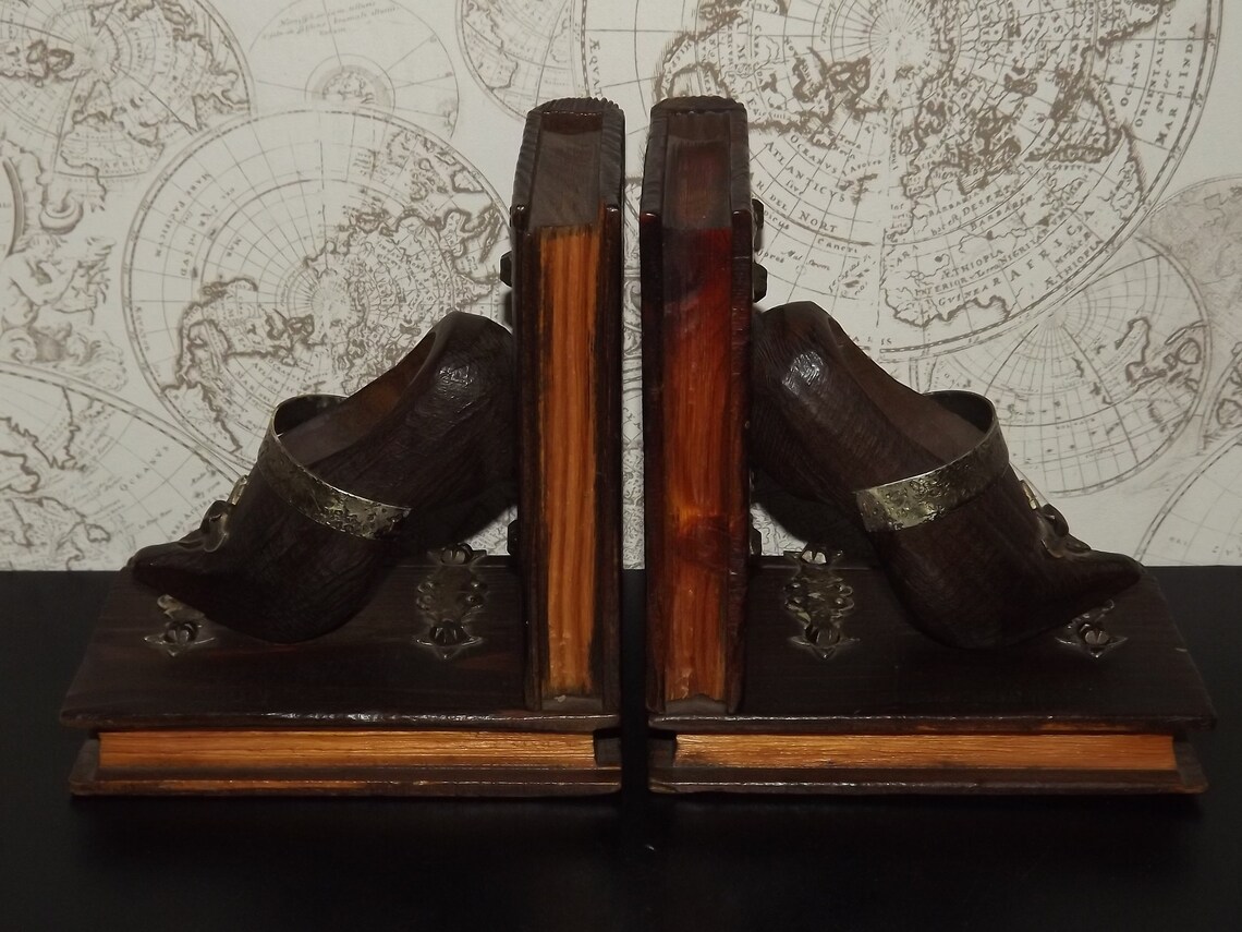 Vintage French Pair of Bookends - Wooden Bookends With Metal Decor ...