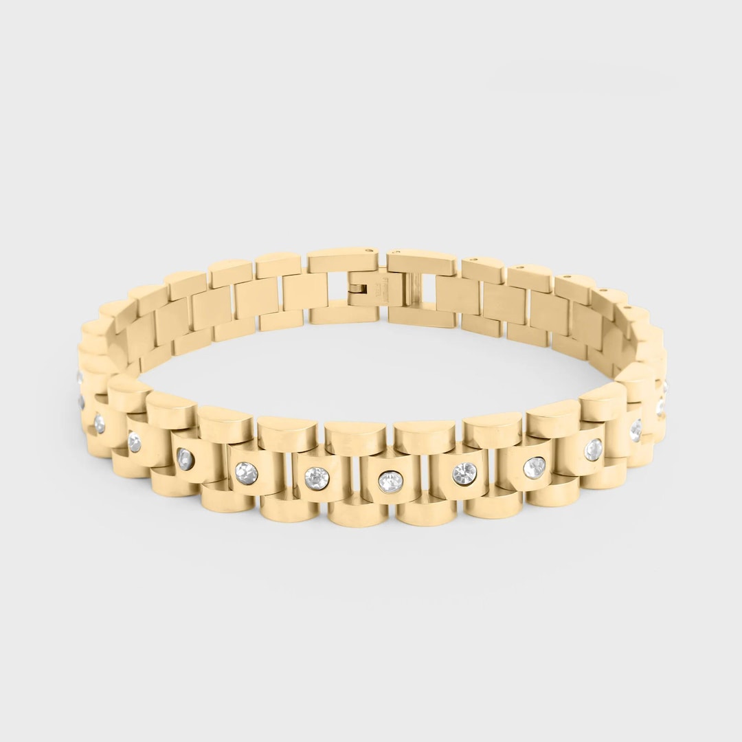 18K Gold Watch With Stones Band Bracelet, Sparkling Band, Minimalist ...