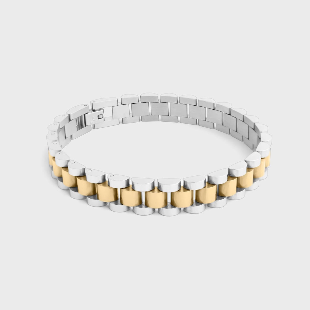 18K Gold Mixed Metal Watch Band Bracelet, Adjustable Layering Jewelry ...