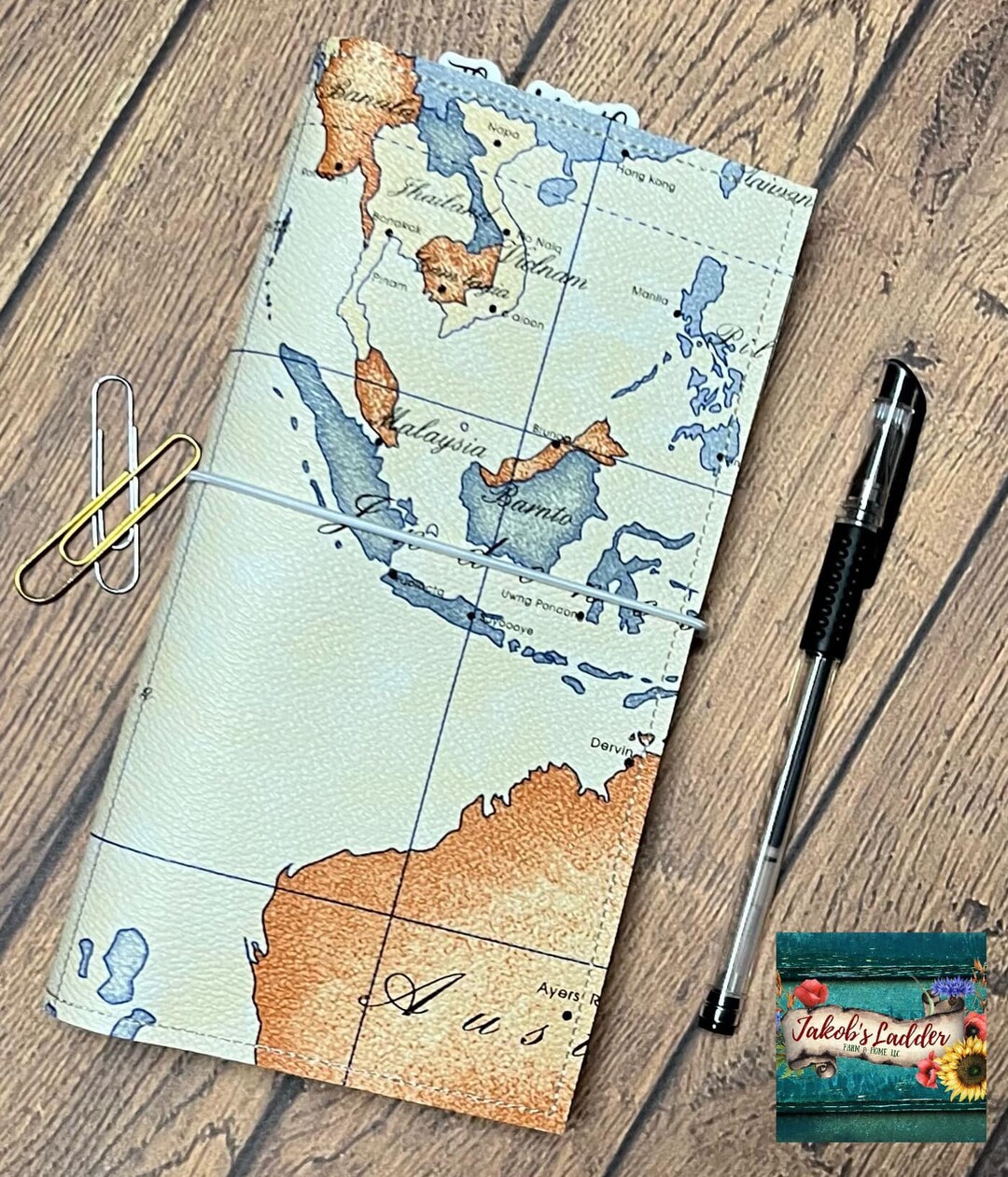 World Map Skinny Mini Planner Cover, Marine Vinyl Lining With 2 Pockets ...