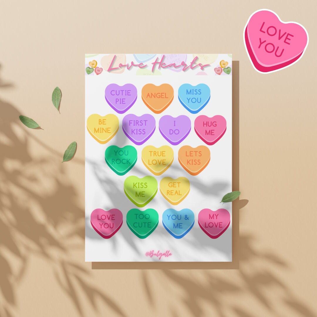 Love Heart Sweeties Sticker Sheet Waterproof Gloss Vinyl Journal ...