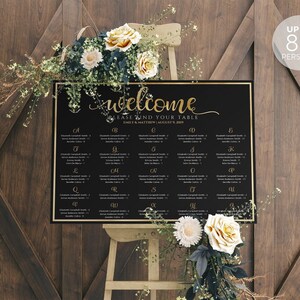 Black and Gold Seating Chart Sign, Wedding Seating Chart Template ...
