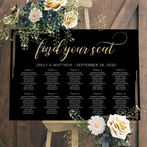 Wedding Seating Chart, Black Gold Seating Chart, Gold Foil Effect ...